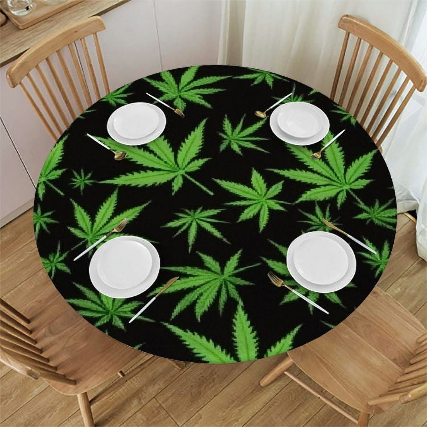 JEUXUS Round Fitted Tablecloth Floral Pattern. Cannabis Leaves Round ...