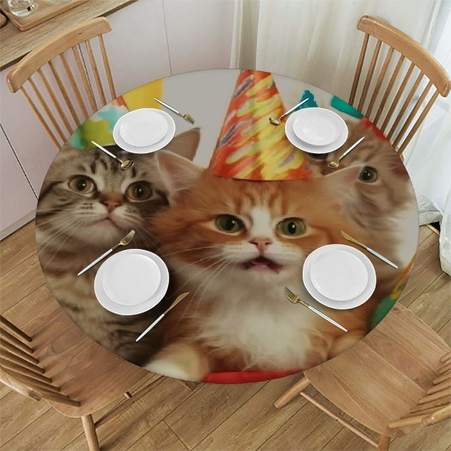 JEUXUS Round Fitted Tablecloth Happy Birthday Cats Round Table Cover ...
