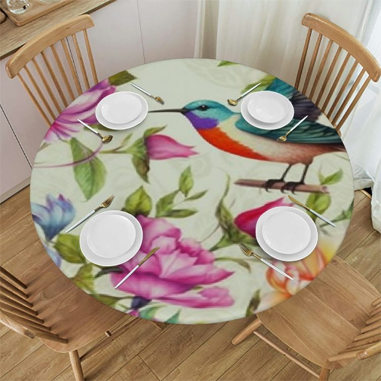 JEUXUS Round Fitted Tablecloth Tropical Colored Flowers Birds Round ...