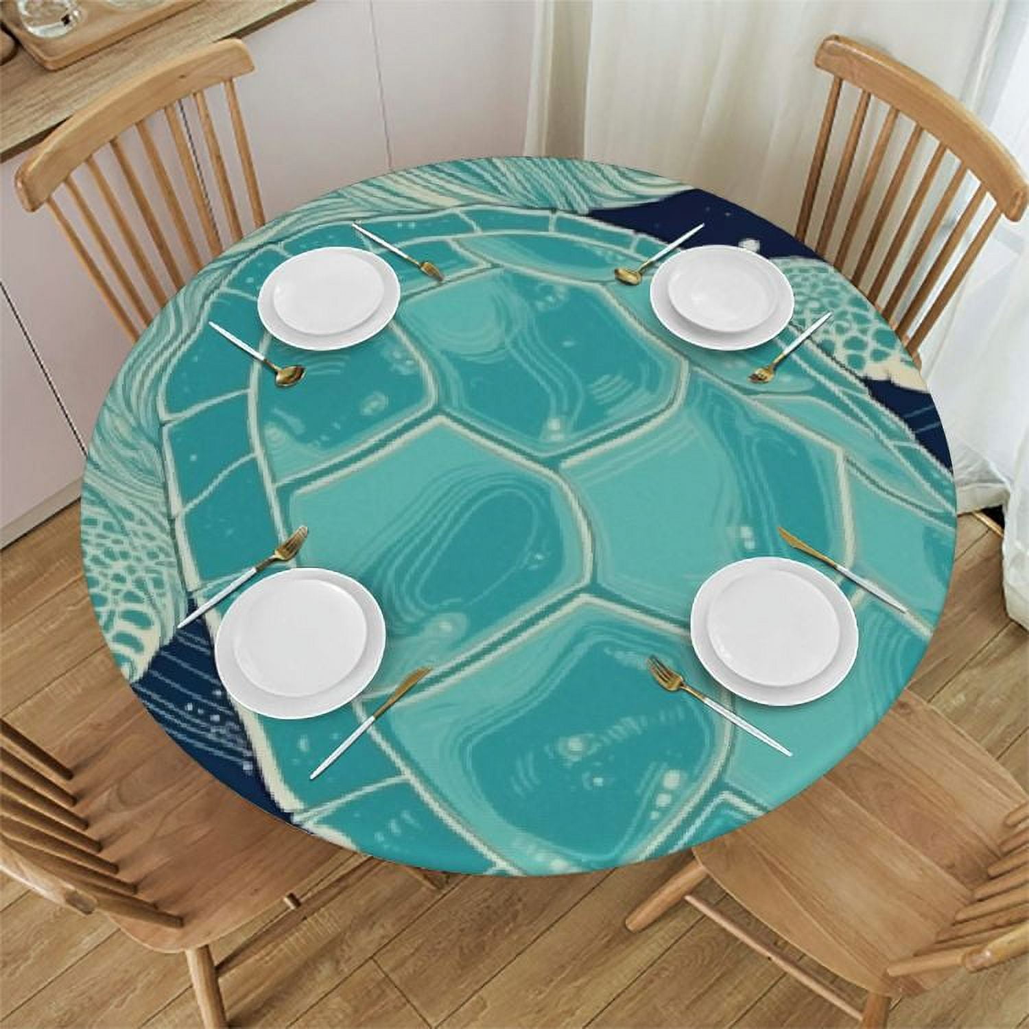 Round Fitted Tablecloth with Sea Turtle, Ocean Animal Outdoor Elastic ...