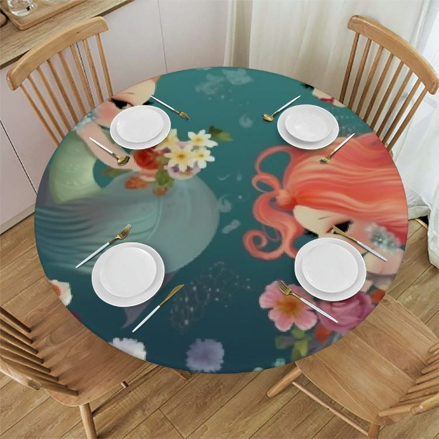 JEUXUS Round Table Cloth Cute Mermaid and Turtle Fish Tablecloth ...