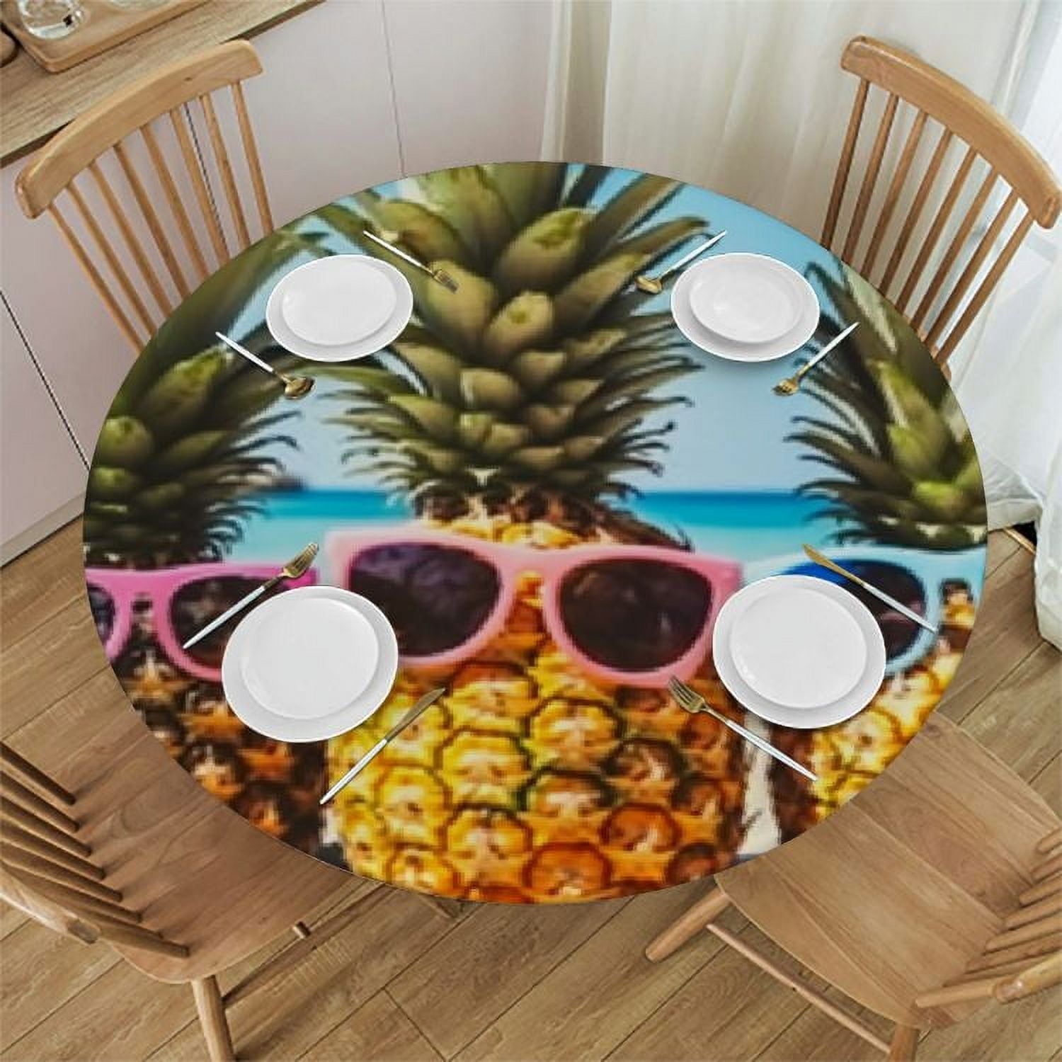 JEUXUS Round Table cover Cute Pineapple on The Beach Fitted Elastic ...