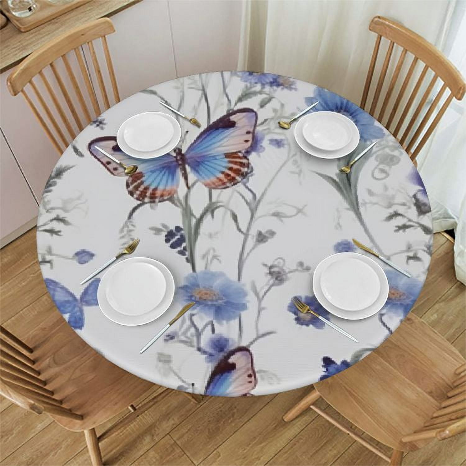 JEUXUS Round Tablecloth Blue Floral Butterfly Table Clothes Spring ...