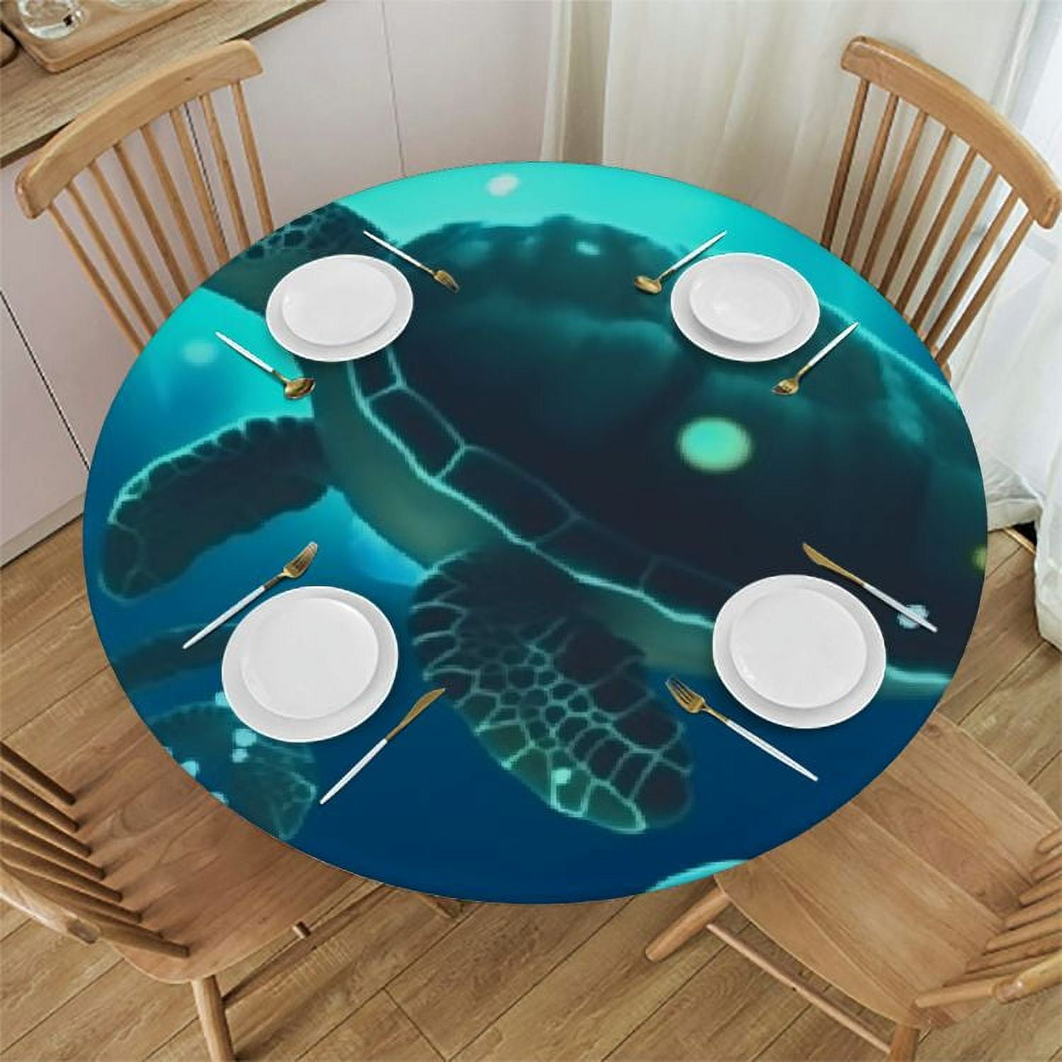 JEUXUS Round Tablecloth Blue Sea Turtles in The Ocean Fitted Elastic ...