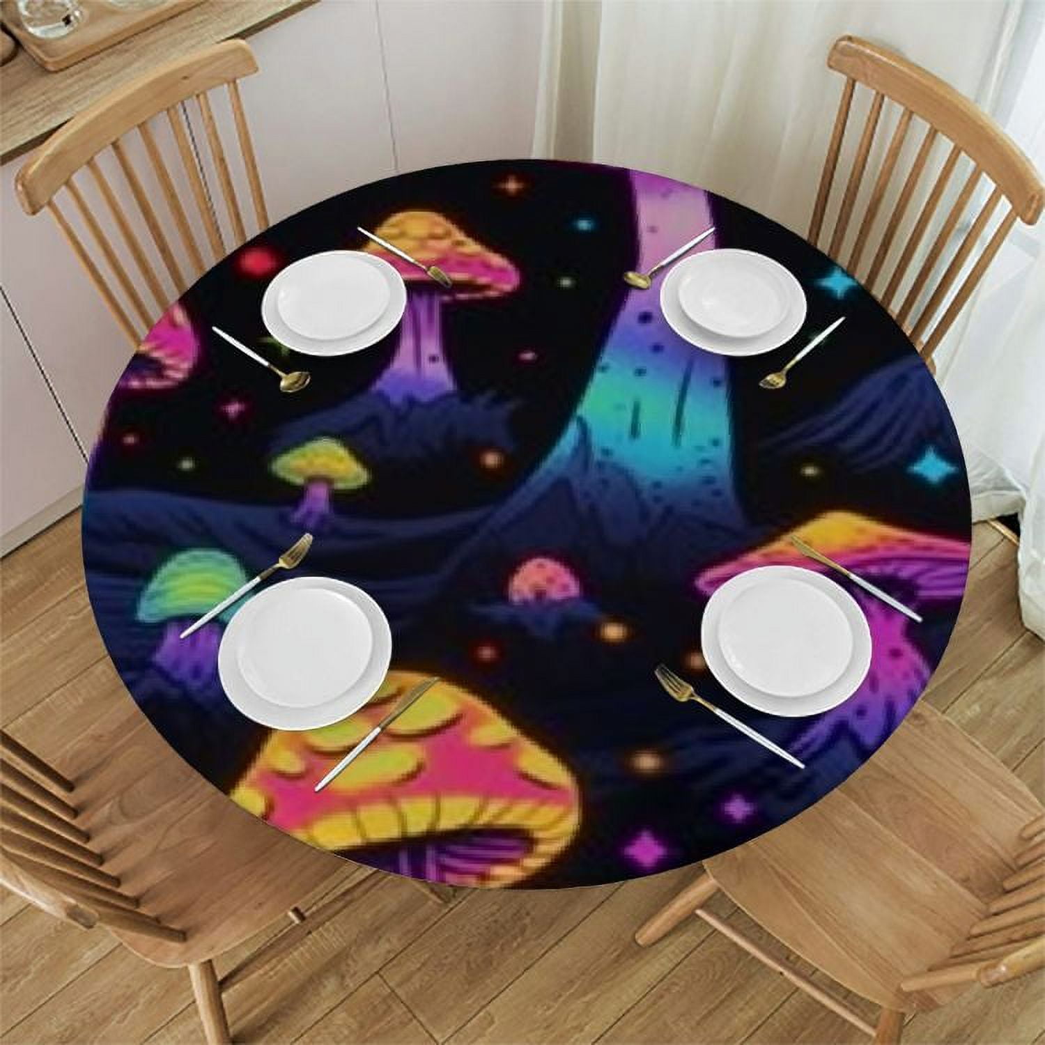 JEUXUS Round Tablecloth Bright Psychedelic Mushrooms Fitted Elastic ...
