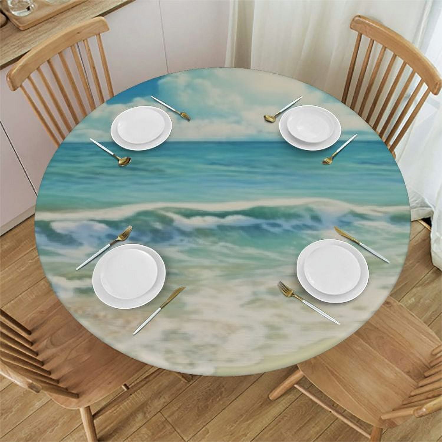 JEUXUS Round Tablecloth Fitted Table Cover,Beach Starfish Shell Summer ...