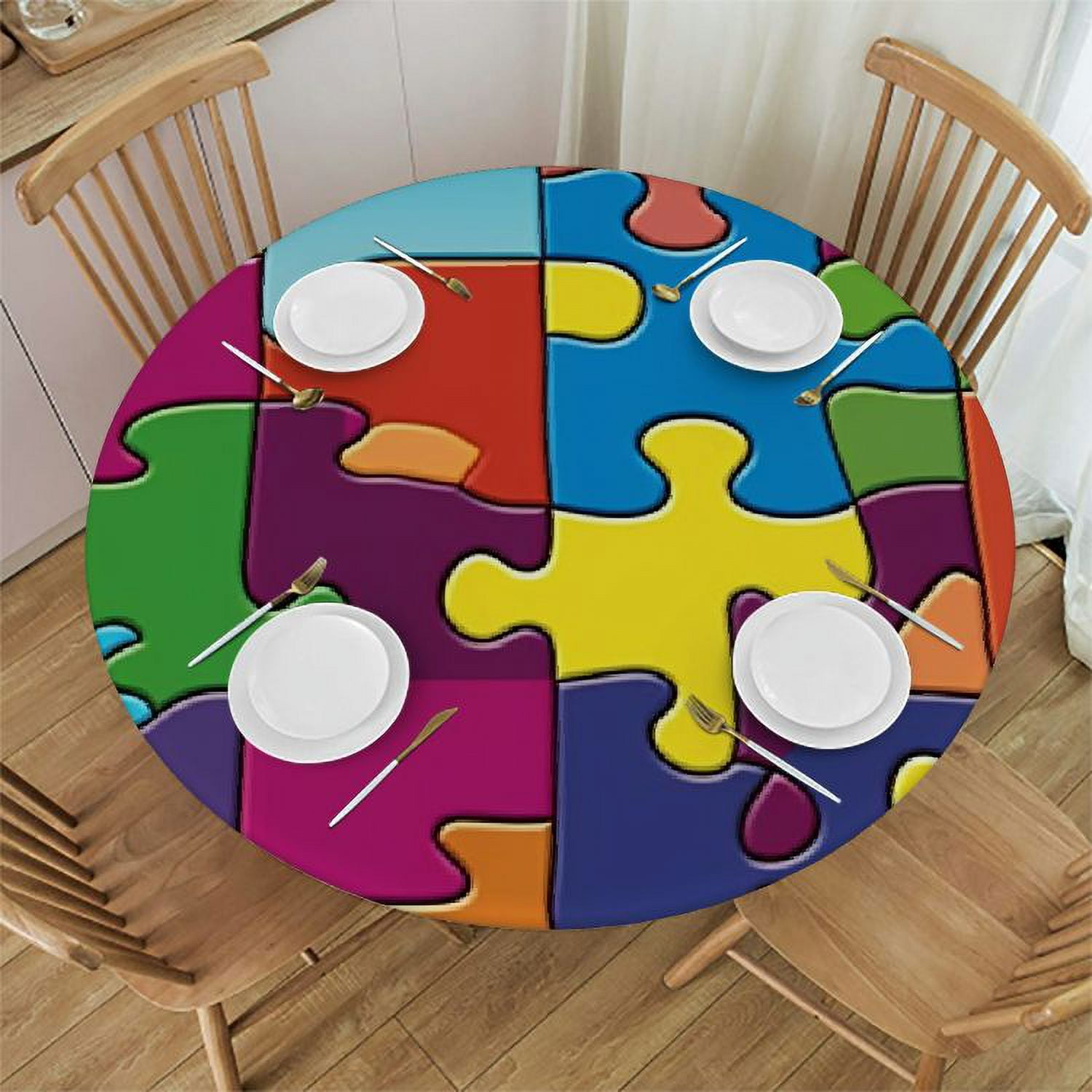 JEUXUS Round Tablecloth Kitchen Party Decoration Colorful Puzzle ...