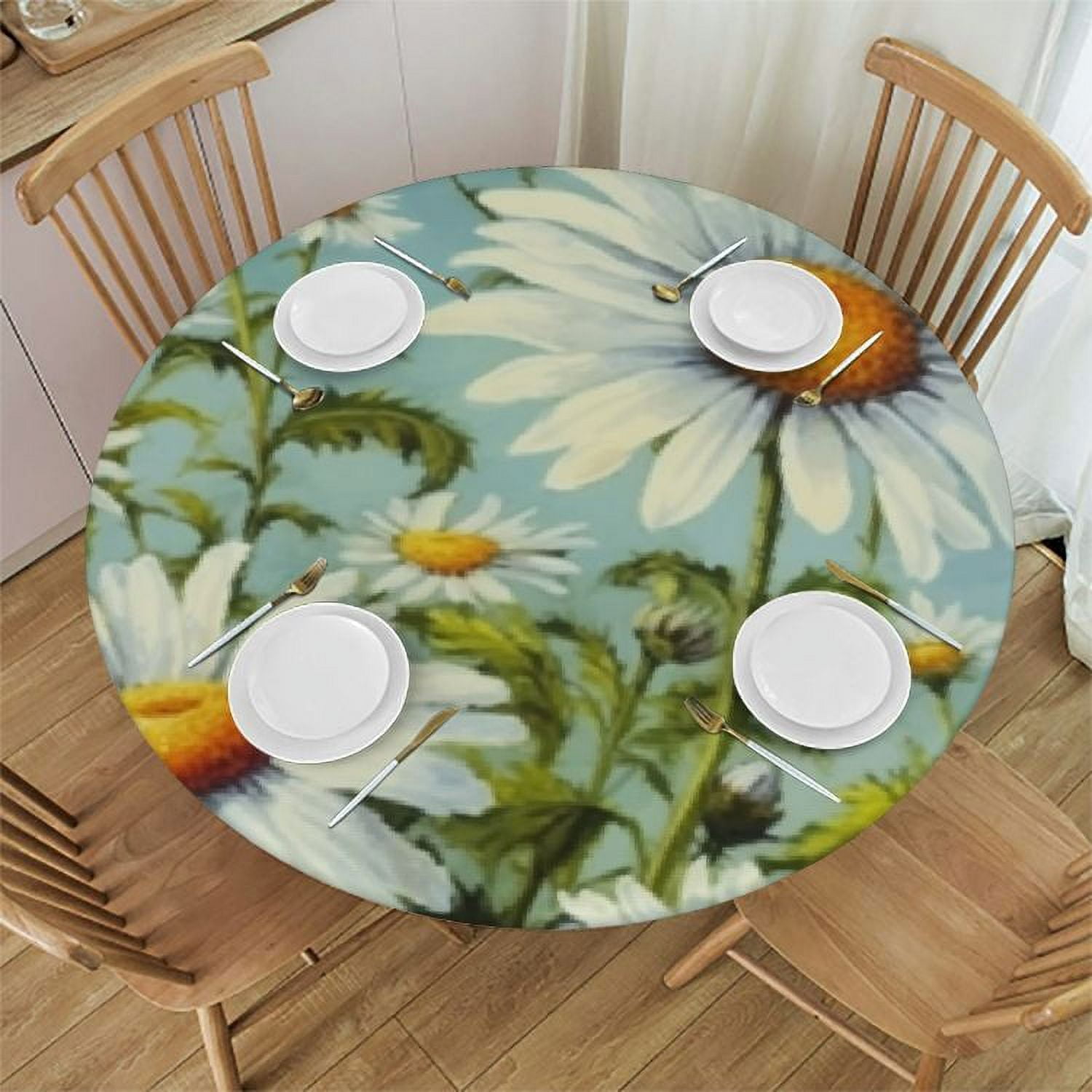 JEUXUS Round Watercolor Floral Daisy Tablecloth Spring Summer Elastic ...