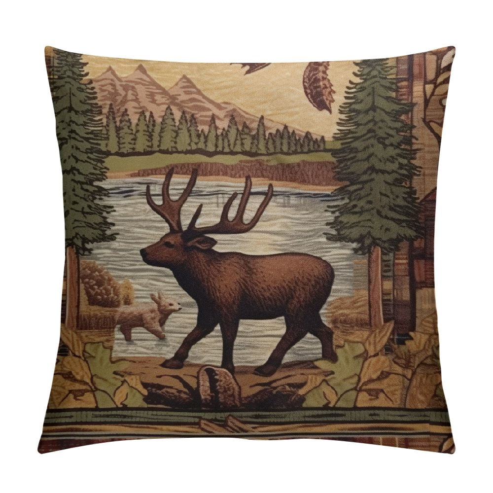JEUXUS Rustic Bear Pillow Covers Square Country Deer Pillow Covers ...
