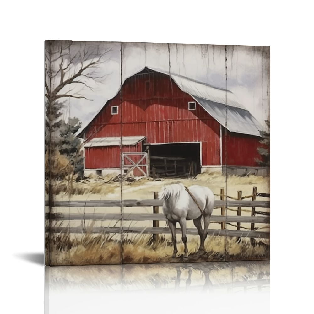 JEUXUS Rustic Country Wall Art Red Barn Pictures Wall Decor Farmhouse ...