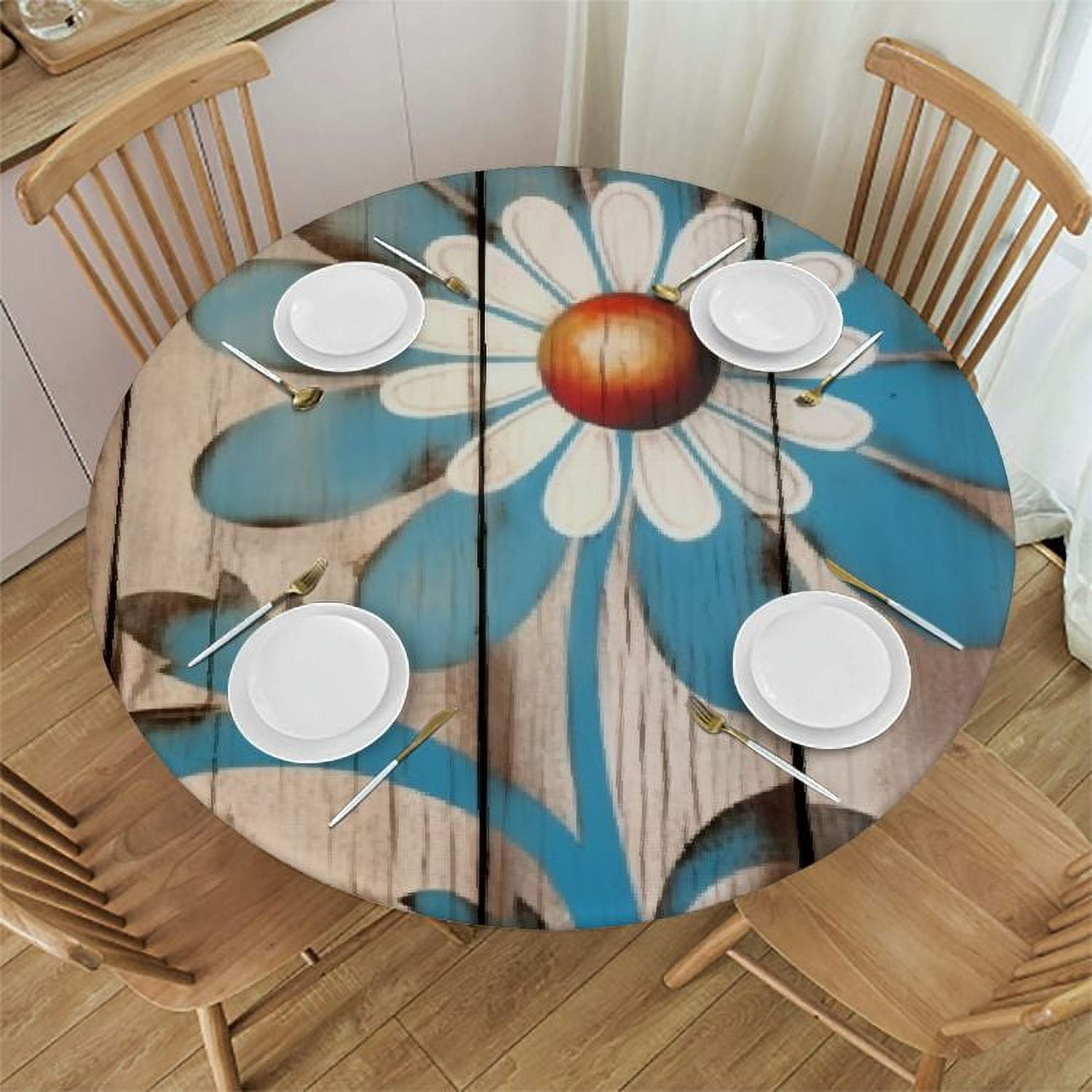 JEUXUS Rustic Daisy Round Table cover Vintage Flower on Wood Grain Board Circle Table Cloth ...