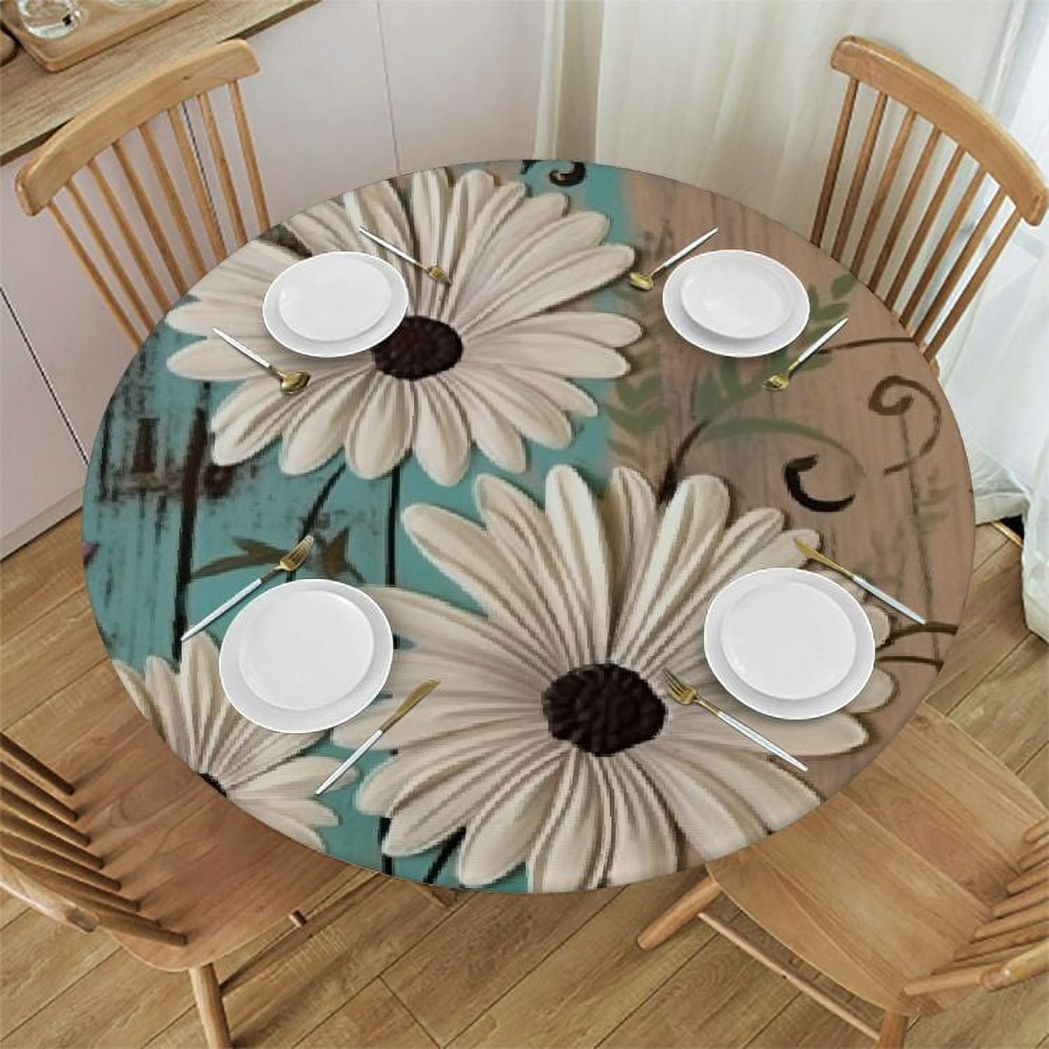 JEUXUS Rustic Daisy Table cover Round Vintage Sunflower on Wooden Board ...