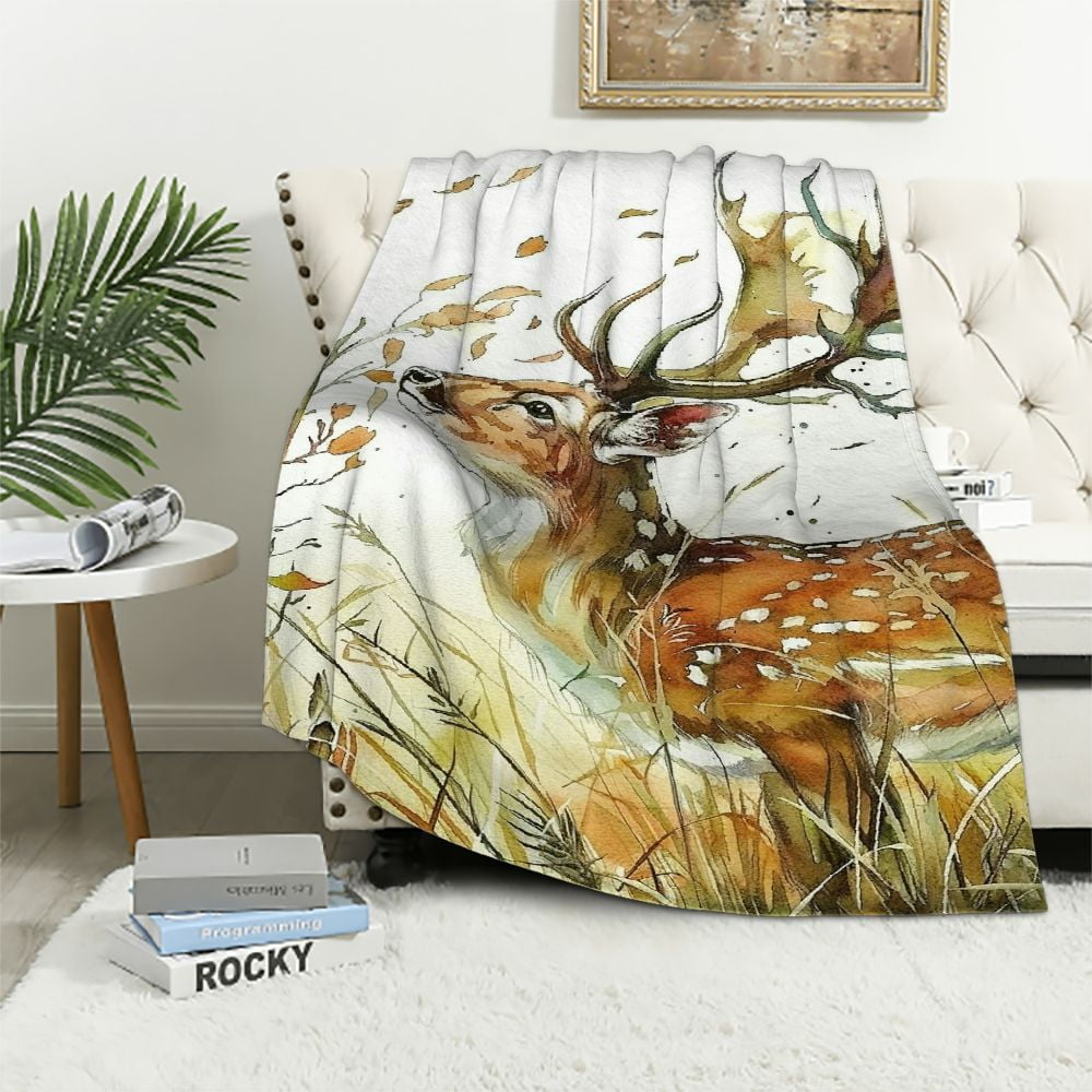 JEUXUS Rustic Deer Landscape Art Minimalist Deer Flannel Material ...
