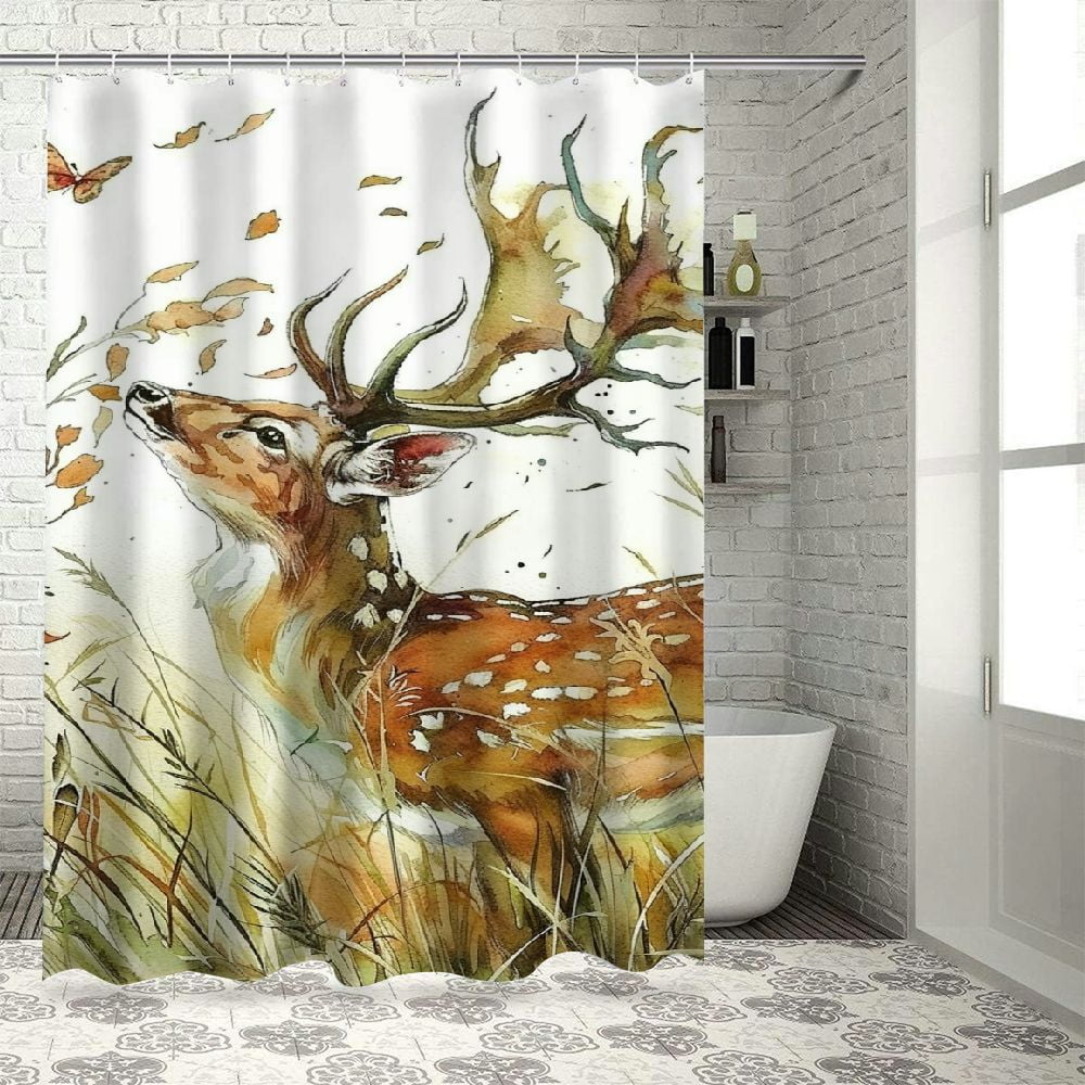 JEUXUS Rustic Deer Landscape Art Minimalist Deer Shower Curtain for ...