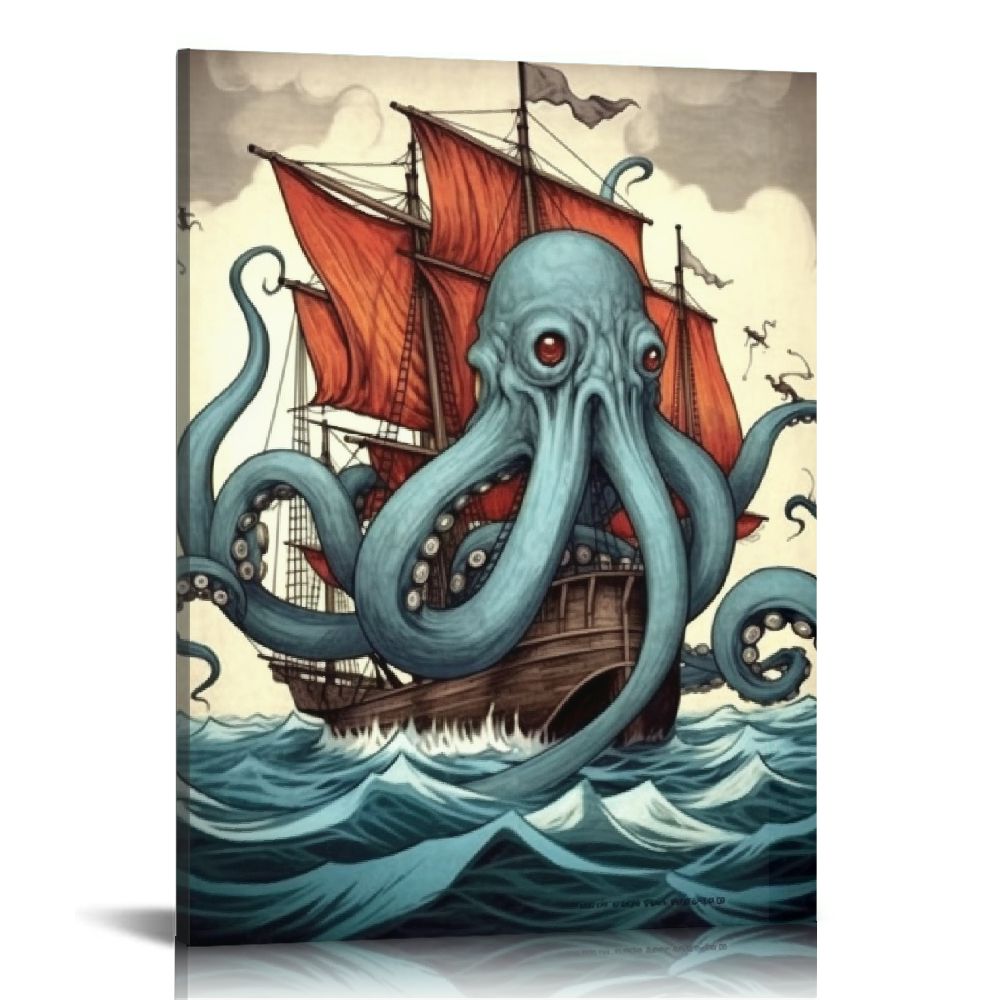 JEUXUS Rustic Octopus Canavs Wall Art Octopus Steampunk Ocean Ship ...