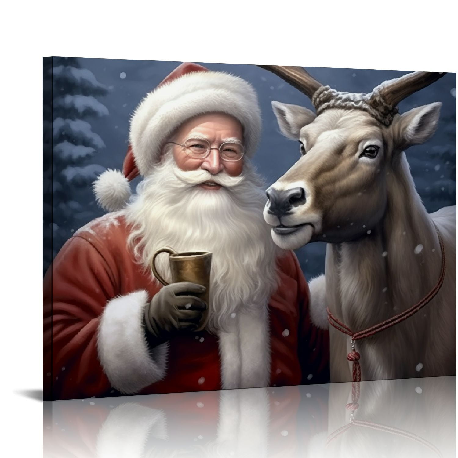 JEUXUS Santa Claus Canvas Wall Art Christmas Wall Decor Santa with Reindeer Picture Vintage ...