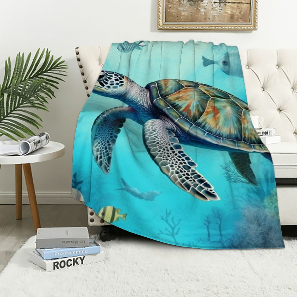 RUIYC Sea Turtle Octopus Throw Blanket, Blue Teal Ocean Soft Warm Cozy ...