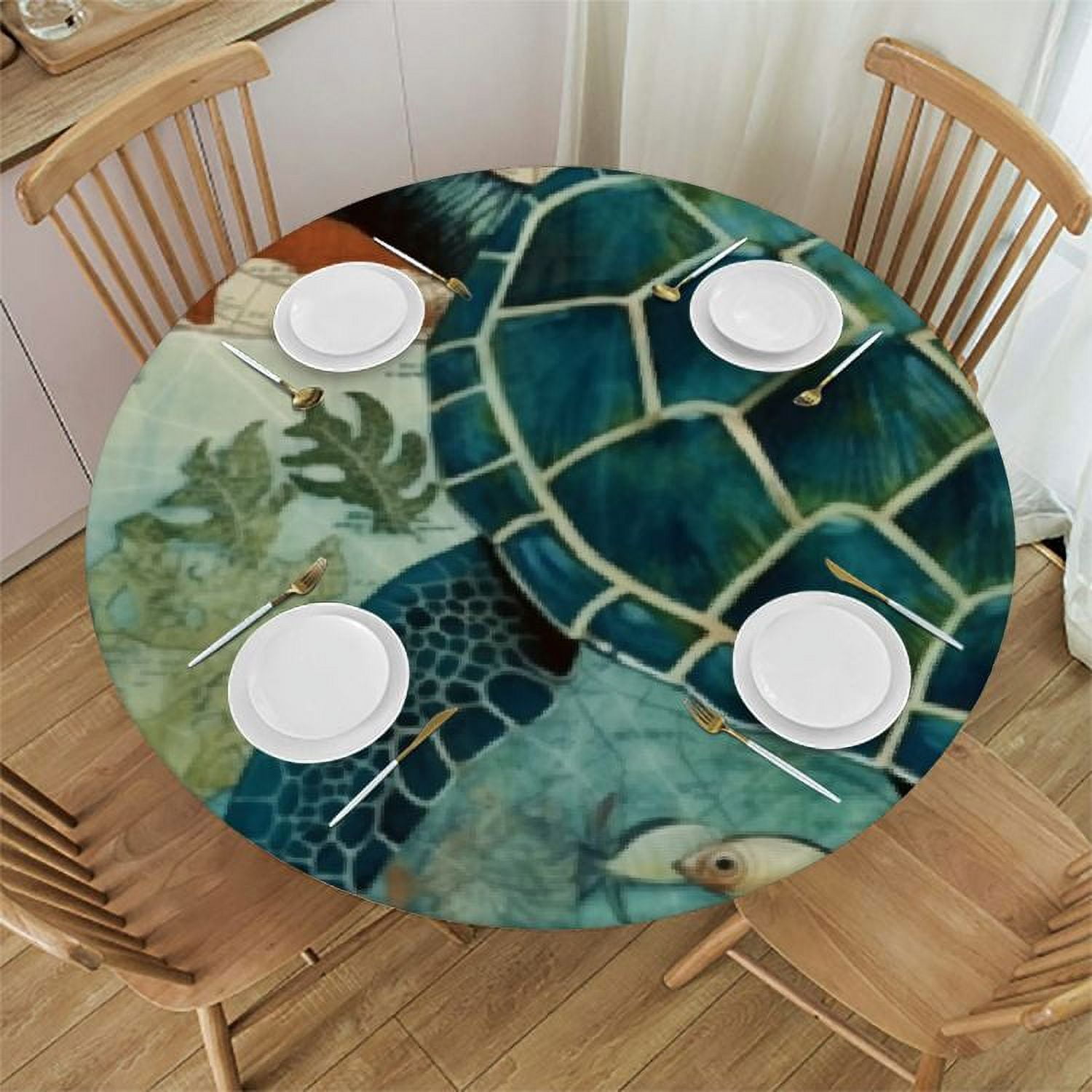 JEUXUS Sea Turtle Seashell Fitted Table cover Round with Elastic Edged ...