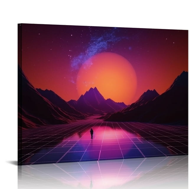 Jeuxus Simulation Synthwave Canvas Art Man Walking Grid Vaporwave