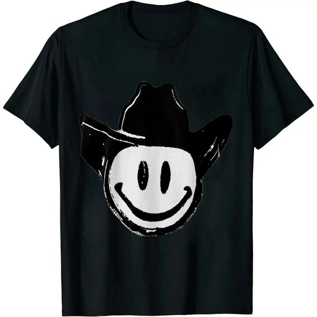 JEUXUS Smiling Happy Face With Black Rodeo Cowboy Hat T-Shirt - Walmart.com