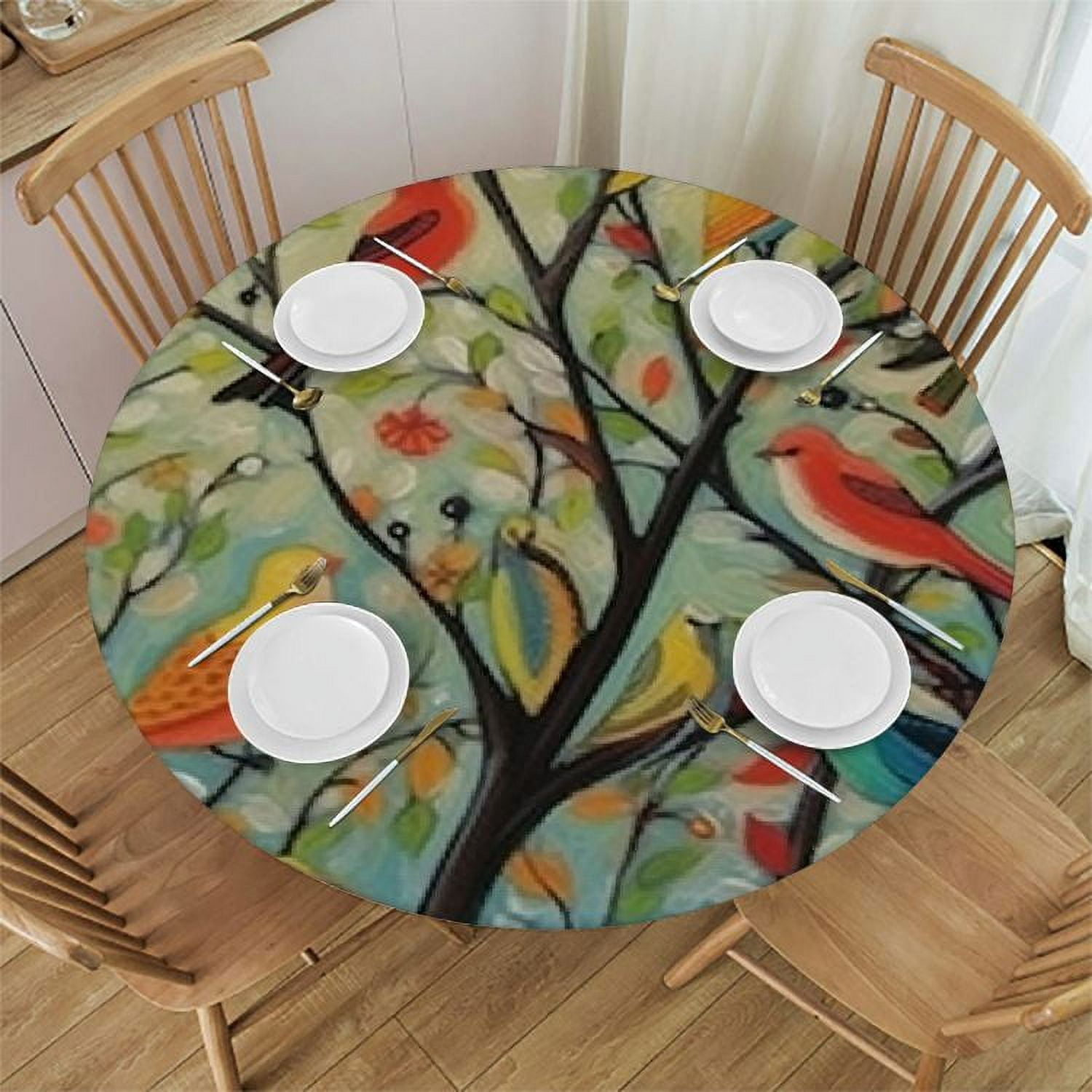 JEUXUS Spring Bird Round Fitted Tablecloth with Elastic Edge, Birds ...