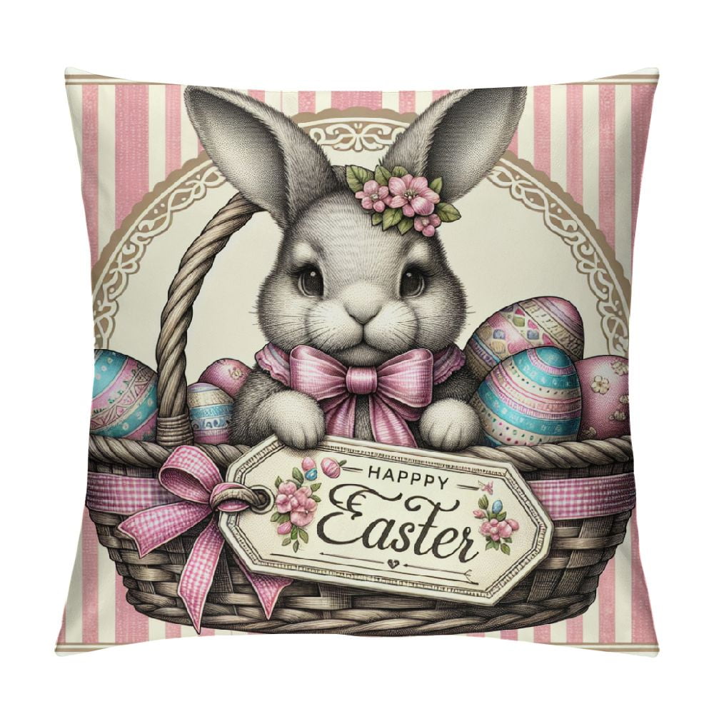 JEUXUS Spring Easter Pillow Covers - Watercolor Pink Striped 'Happy ...