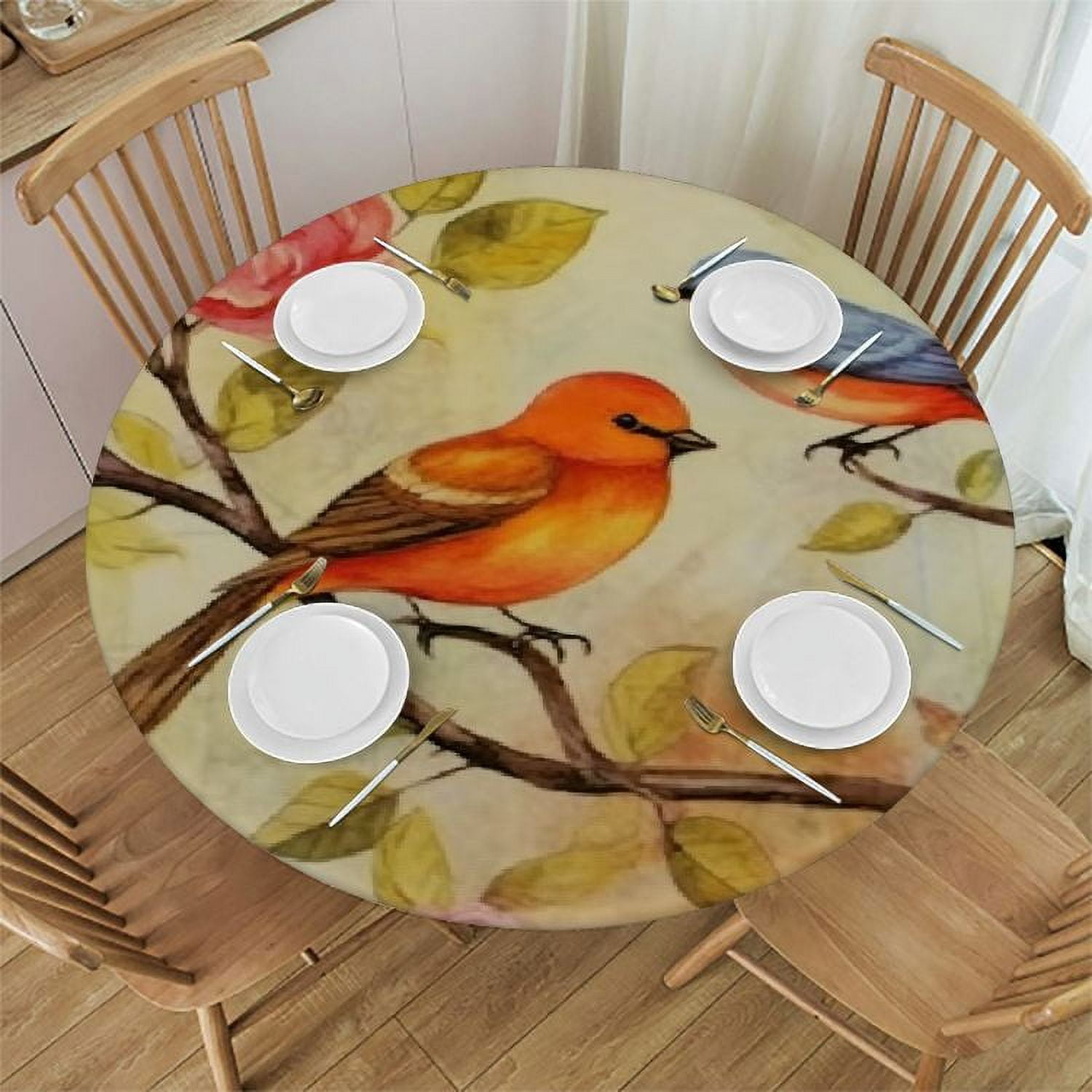 JEUXUS Spring Flower Bird Butterfly Elastic Edge Round Tablecloth ...