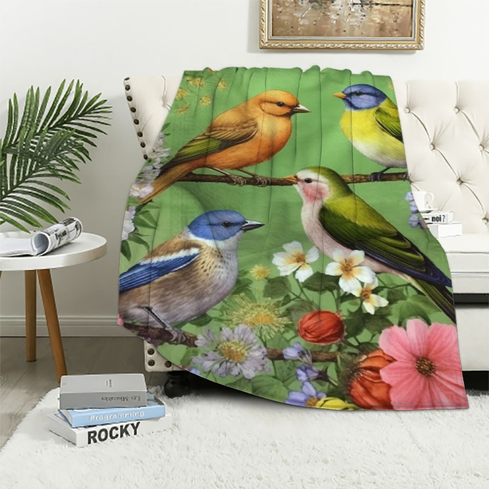 JEUXUS Spring Flowers Birds Throw Blanket Ultra Soft Warm All Season ...
