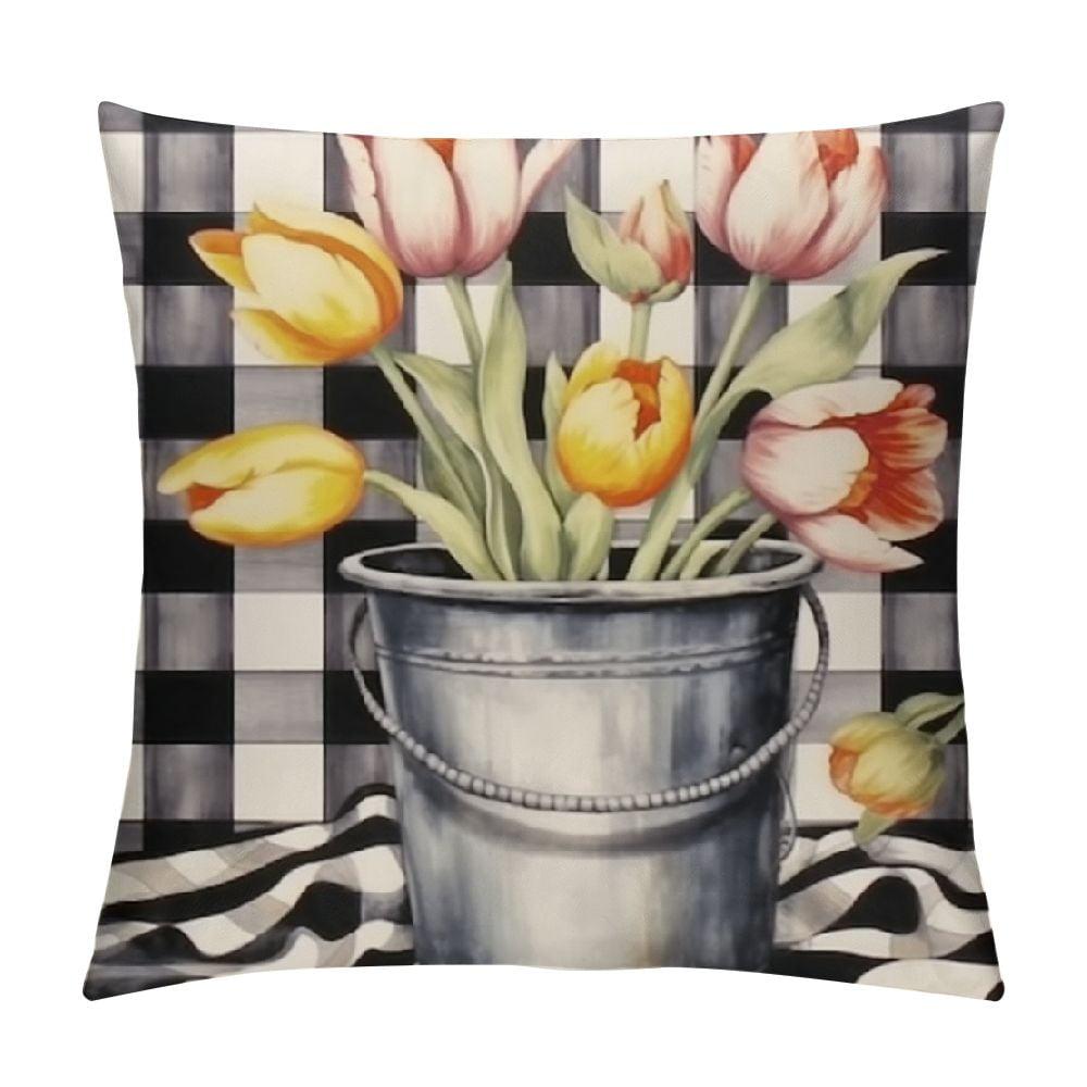 JEUXUS Spring Pillow Covers Buffalo Plaid Tulip Flowers Truck Decor ...