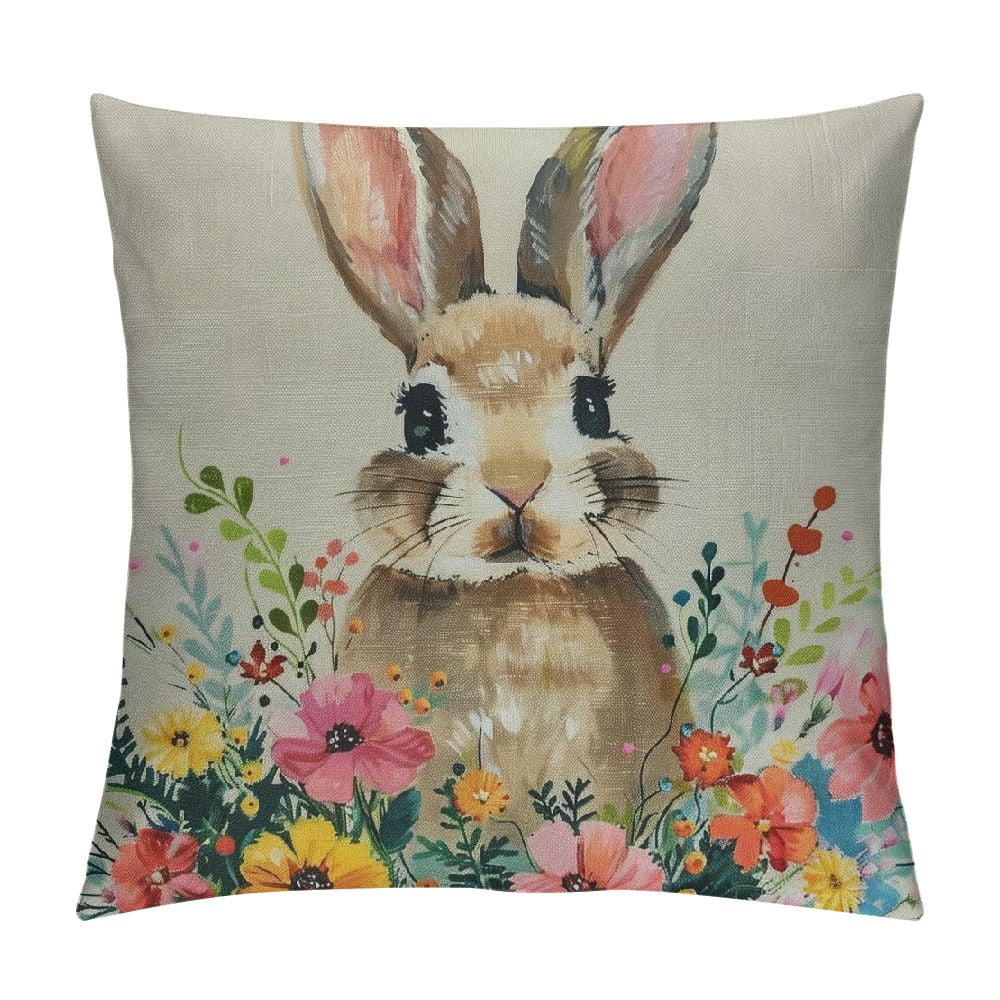 JEUXUS Spring Pillow Covers Cute Watercolor Rabbit Bunny Floral Easter ...