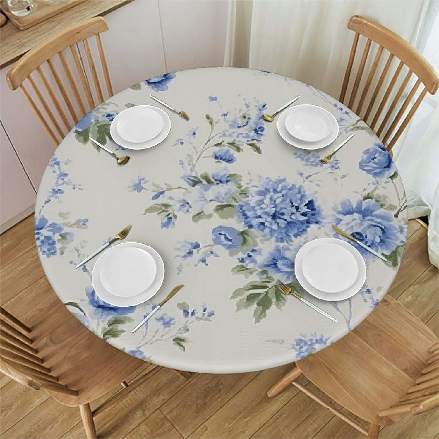 JEUXUS Spring Summer Blue Floral Round Elegant Watercolor Flower Table ...