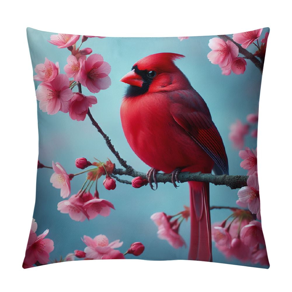 JEUXUS Spring Summer Red Cardinal Birds Pink Flowers Plush Pillowcase ...