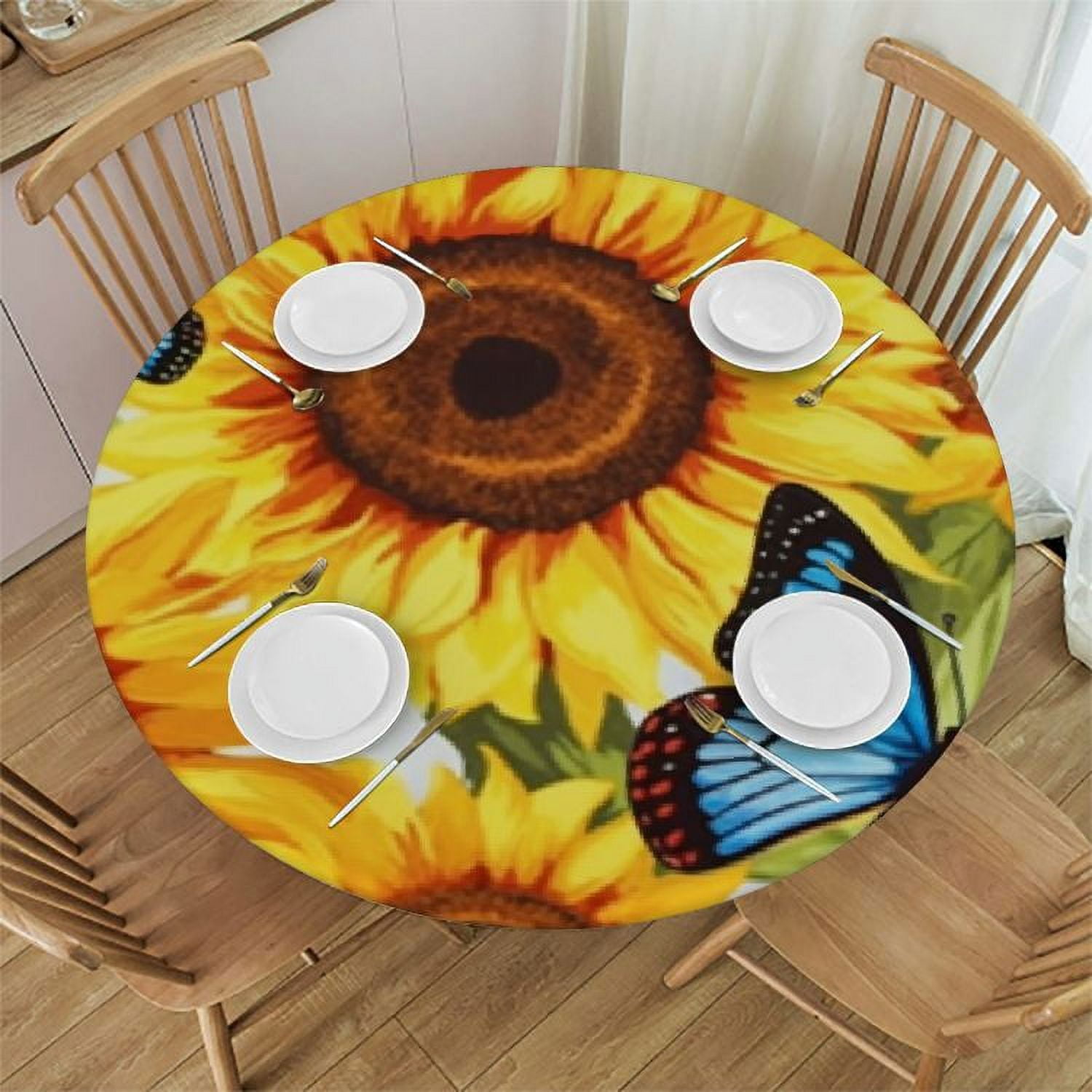RUIYC Spring Blue Butterfly Round Fitted Table Covers Elastic Edge ...