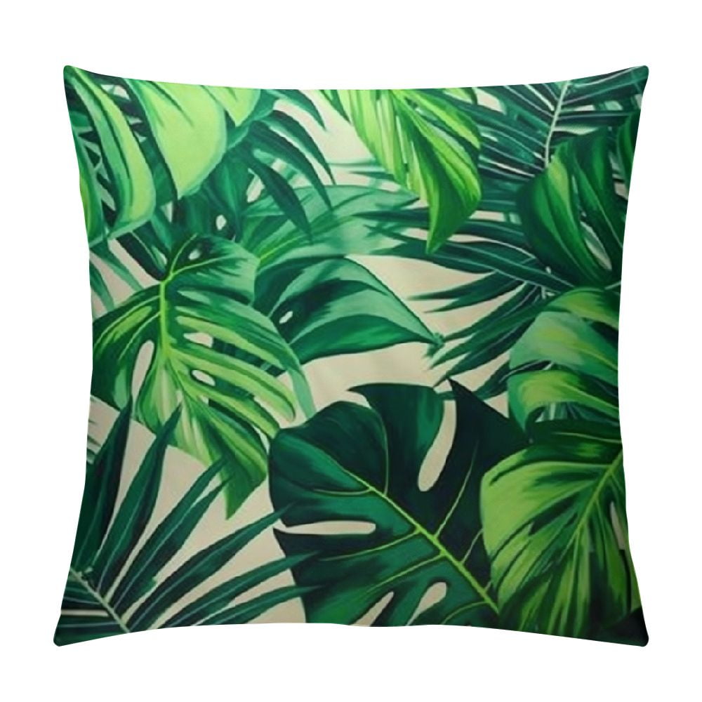 JEUXUS Spring Summer Tropical Green Leaf Throw Pillow Covers Vintage Palm Banana Leaves ...
