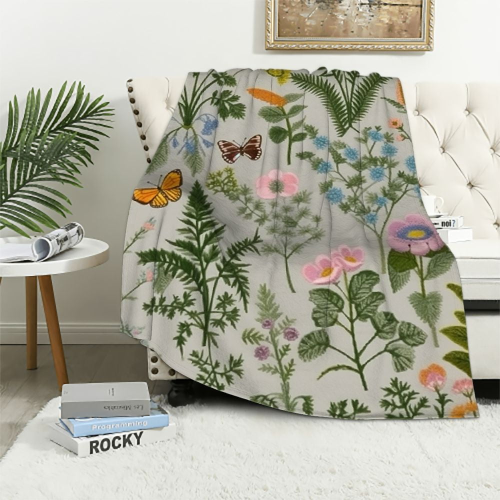 JEUXUS Spring Throw Blanket Wildflowers Butterfly Blanket Green Wild ...