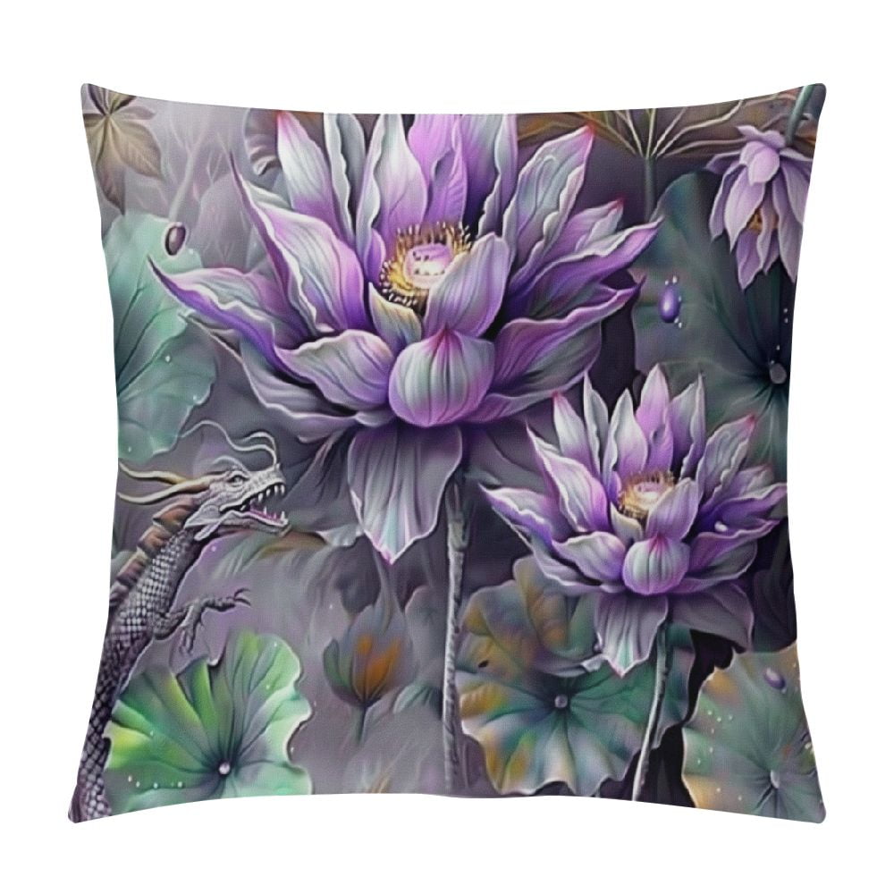 JEUXUS Square Plush Pillowcase Zen Purple Floral Water Lily Flower with ...