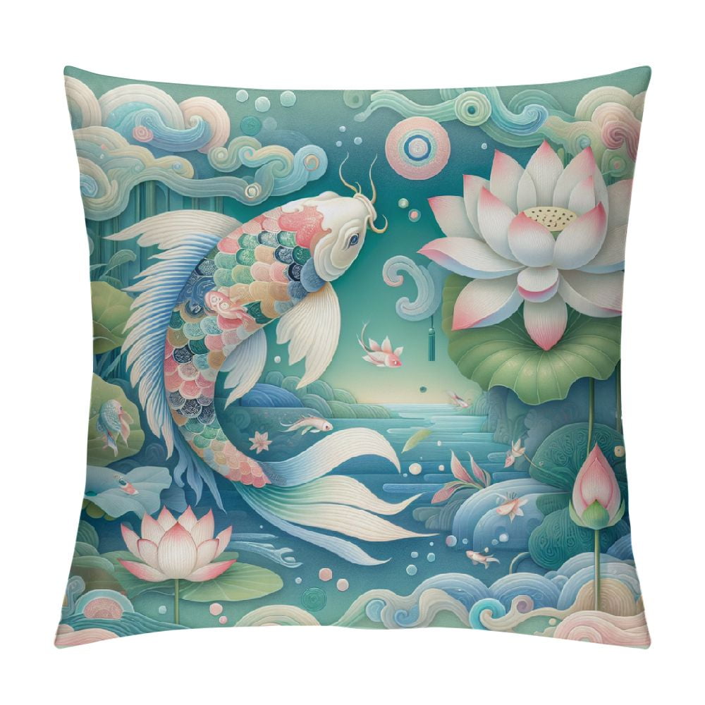 JEUXUS Square Red Koi Fish and Lotus Flower Cozy Fuzzy Plush Pillowcase ...