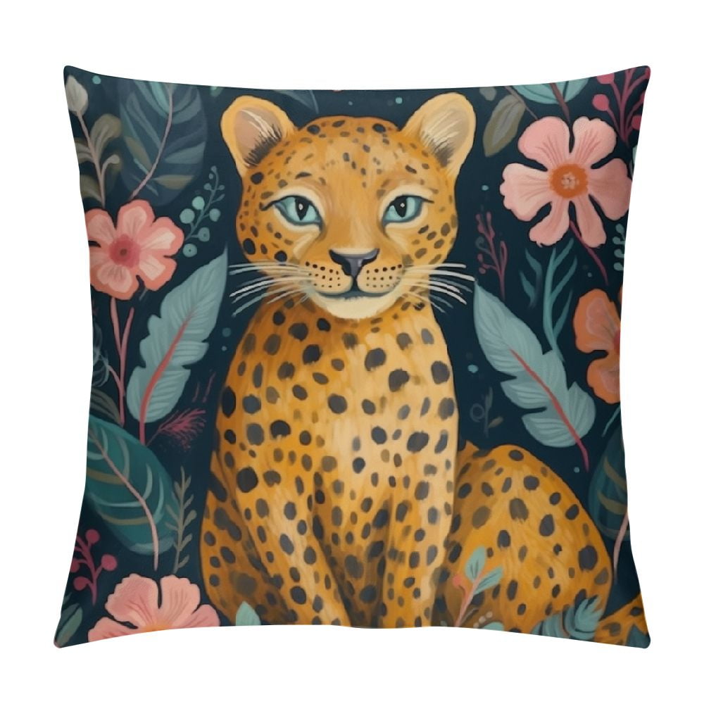 JEUXUS Square Throw Pillow Covers Cute Cheetah Cartoon Animal Grass ...