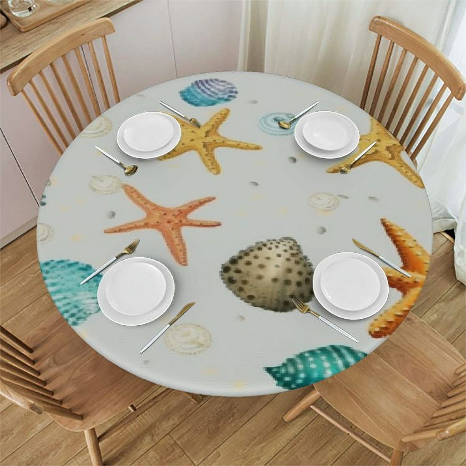 JEUXUS Starfish Coral Round Tablecloth 60in Nautical Coastal Seashell ...