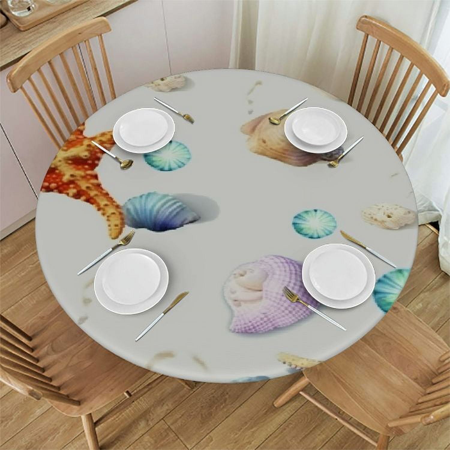 JEUXUS Starfish Coral Round Tablecloth Nautical Coastal Seashell Circle ...
