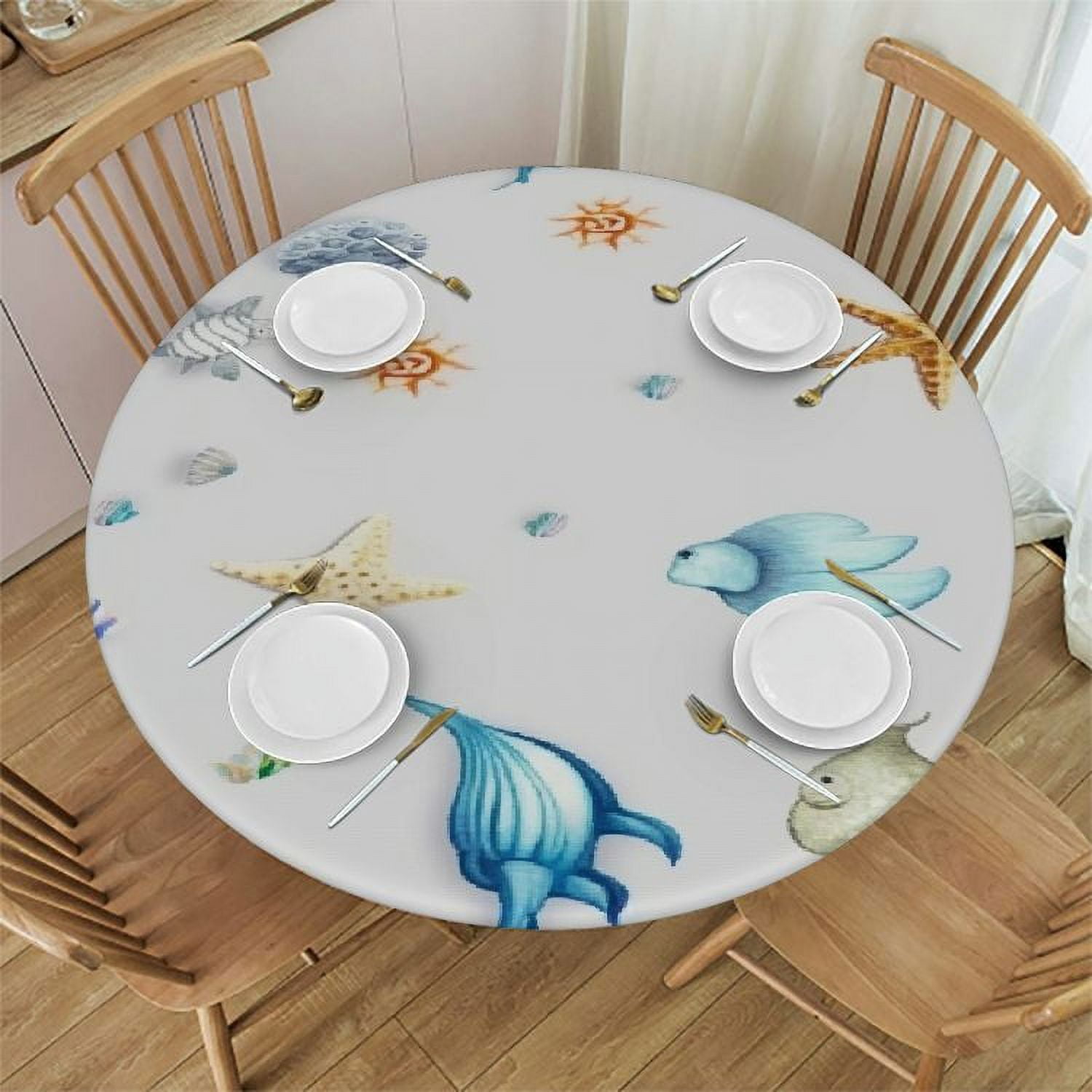 JEUXUS Starfish Coral Round Tablecloth Nautical Coastal Seashell Circle ...