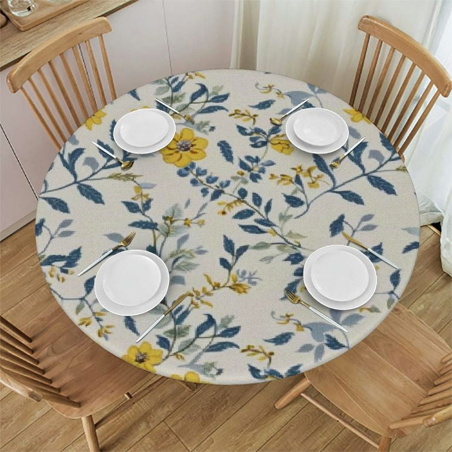 JEUXUS Summer Yellow Flowers Fitted Tablecloth for Round Table,Navy ...