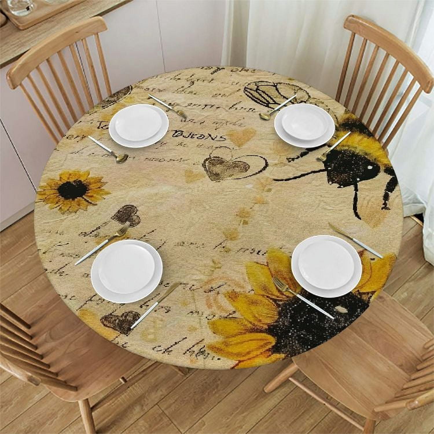 JEUXUS Sunflower Bee Round Tablecloth Yellow Flower Vintage Floral ...
