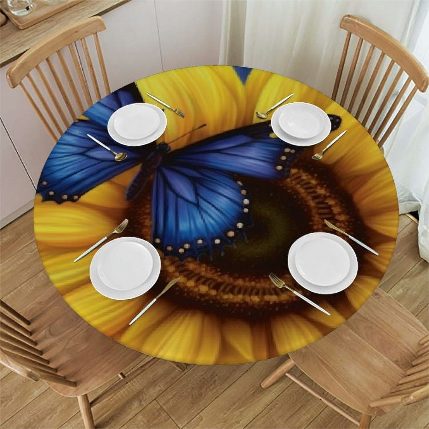 JEUXUS Sunflower Butterfly Round Tablecloth with Elastic Edge Fitted ...