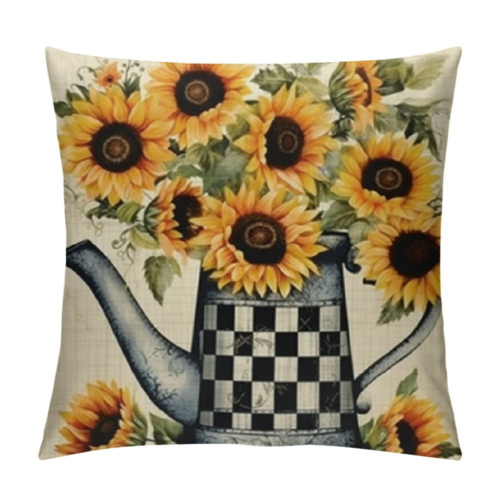 JEUXUS Sunflower Pillow Covers Summer Decorative Rustic Buffalo Plaid ...