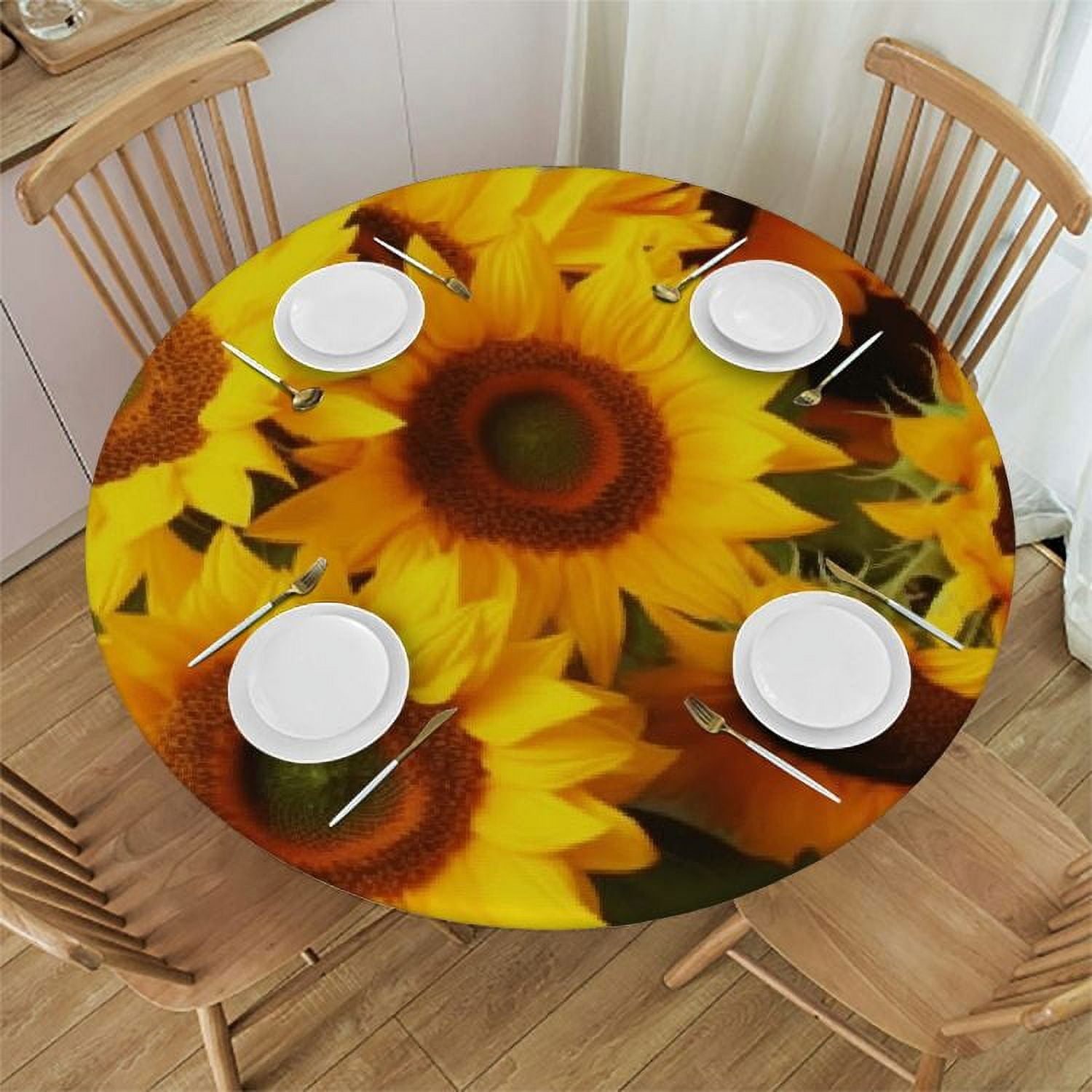 JEUXUS Sunflower Round Fitted Tablecloth Yellow Flower Circle Table ...