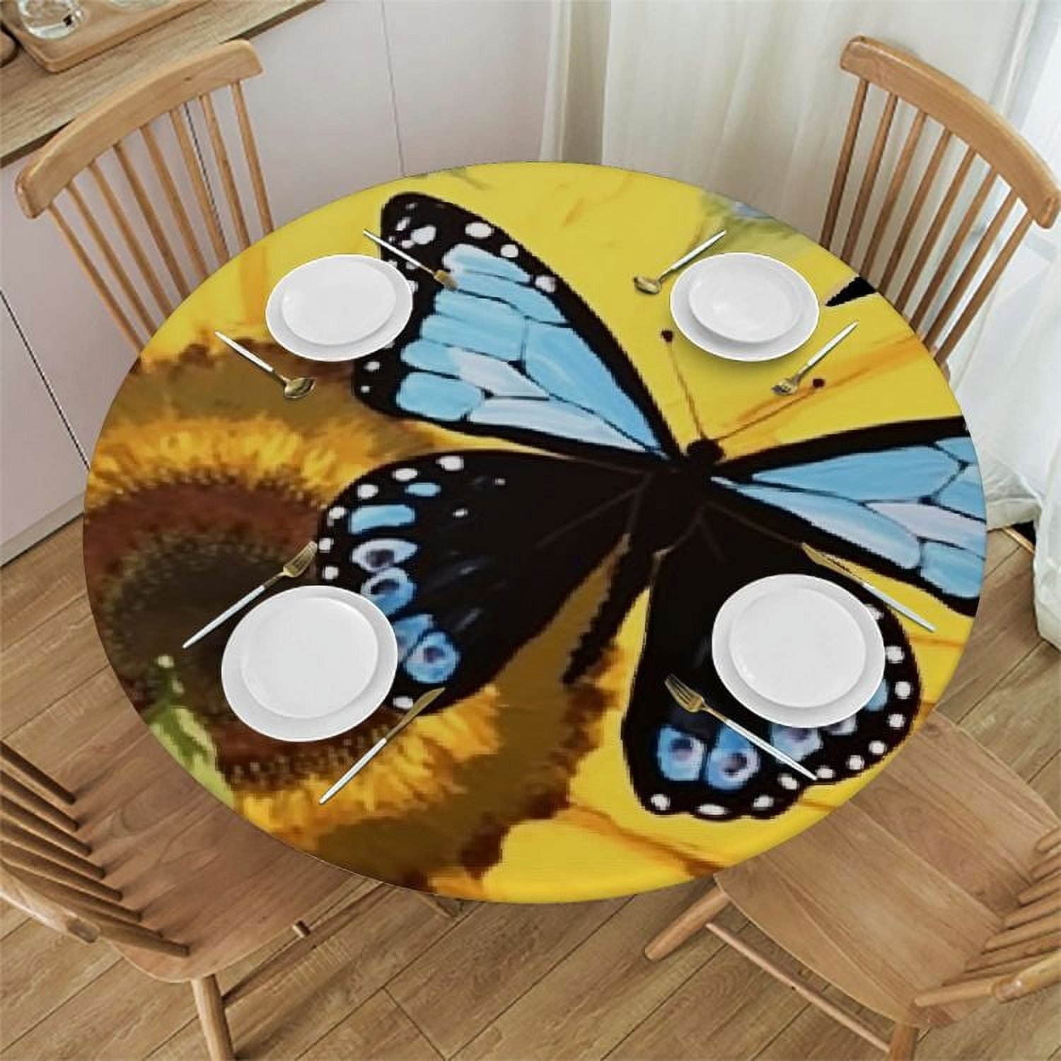 JEUXUS Sunflowers Butterflies Round Tablecloth Beautiful Floral Vintage ...