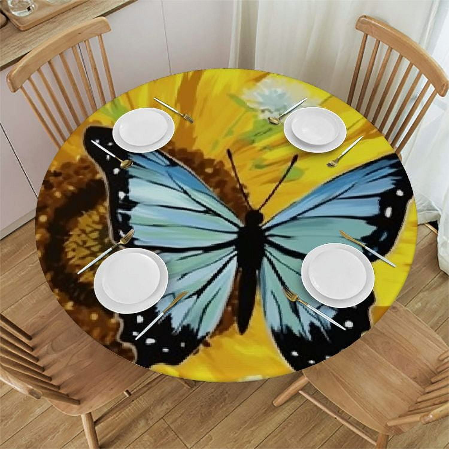 JEUXUS Sunflowers Butterflies Round Tablecloth Beautiful Floral Vintage ...