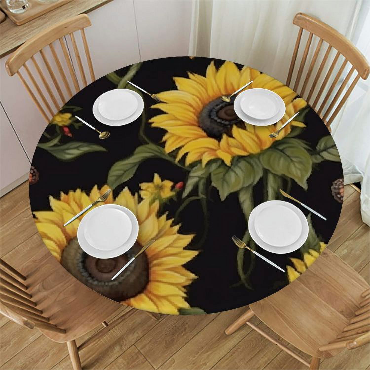 JEUXUS Sunflowers Butterfly Round Tablecloth with Elastic Edge Fitted ...