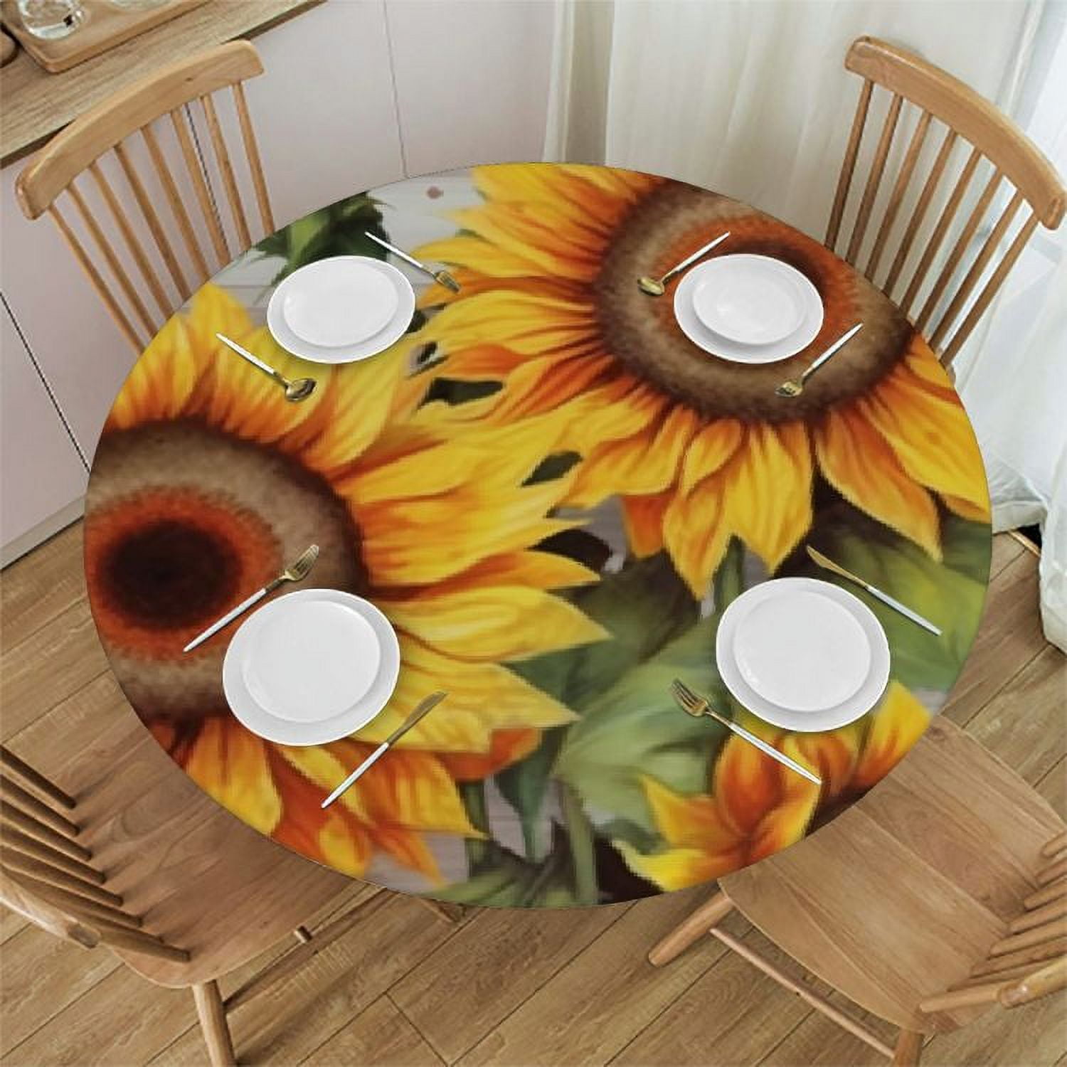 JEUXUS Sunflowers Flora Wooden Fitted Round Tablecloth with Elastic ...